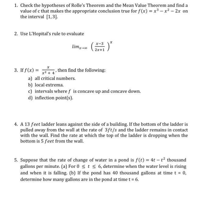 Solved 1. Check the hypotheses of Rolle's Theorem and the | Chegg.com