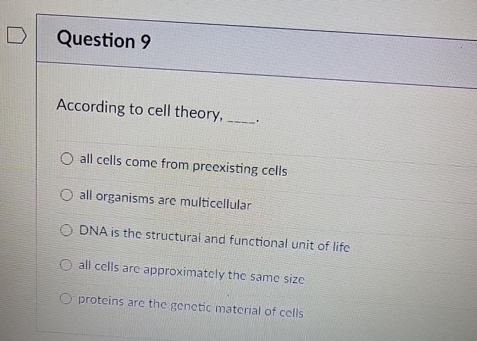 Solved Question 9According to cell theory,all cells come | Chegg.com