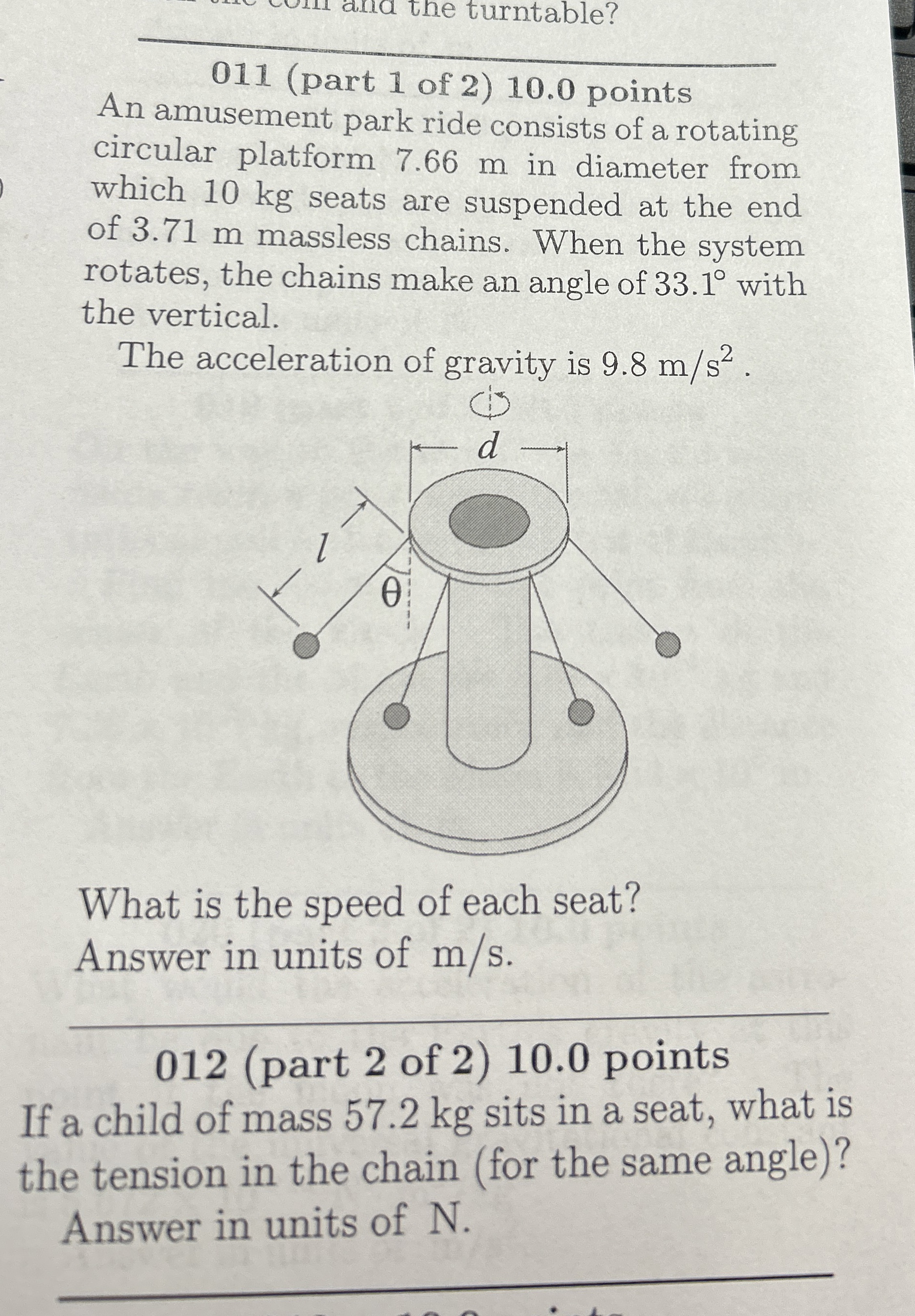 Solved 011 (part 1 ﻿of 2) 10.0 ﻿pointsAn amusement park ride | Chegg.com