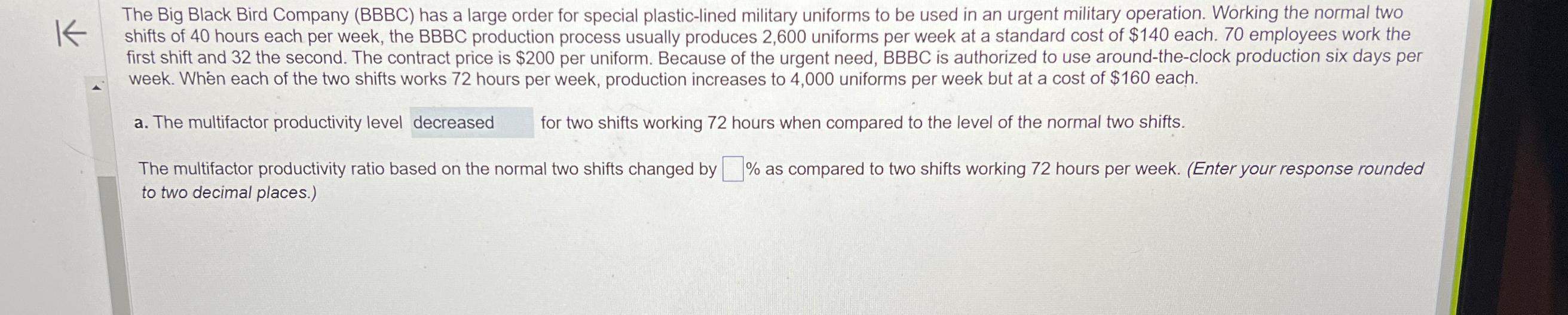 Solved The Big Black Bird Company (BBBC) ﻿has a large order | Chegg.com