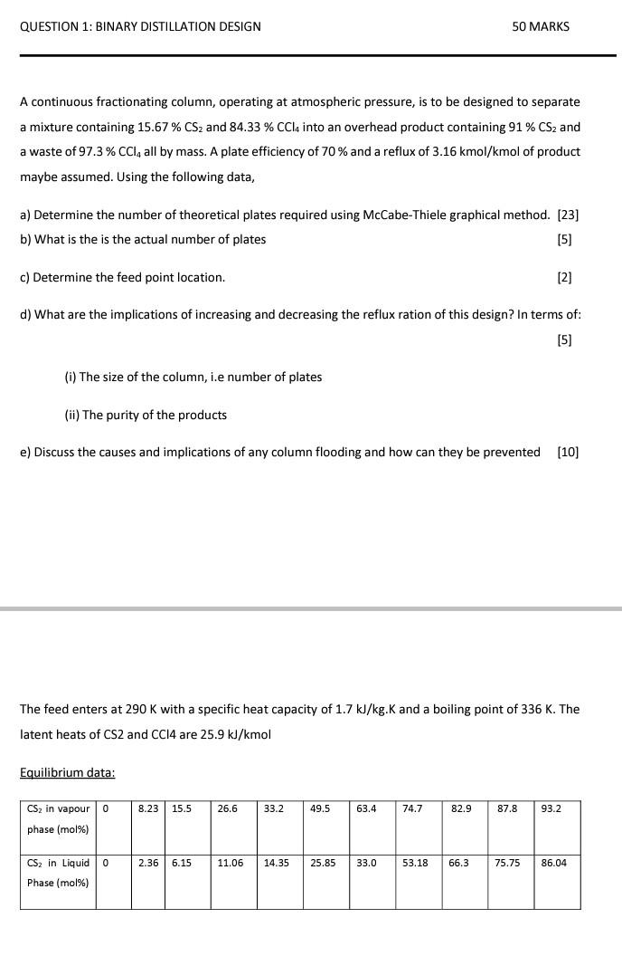 Solved QUESTION 1: BINARY DISTILLATION DESIGN 50 MARKS A | Chegg.com