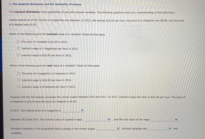 Solved 1. The classical dichotomy and the neutrality of | Chegg.com