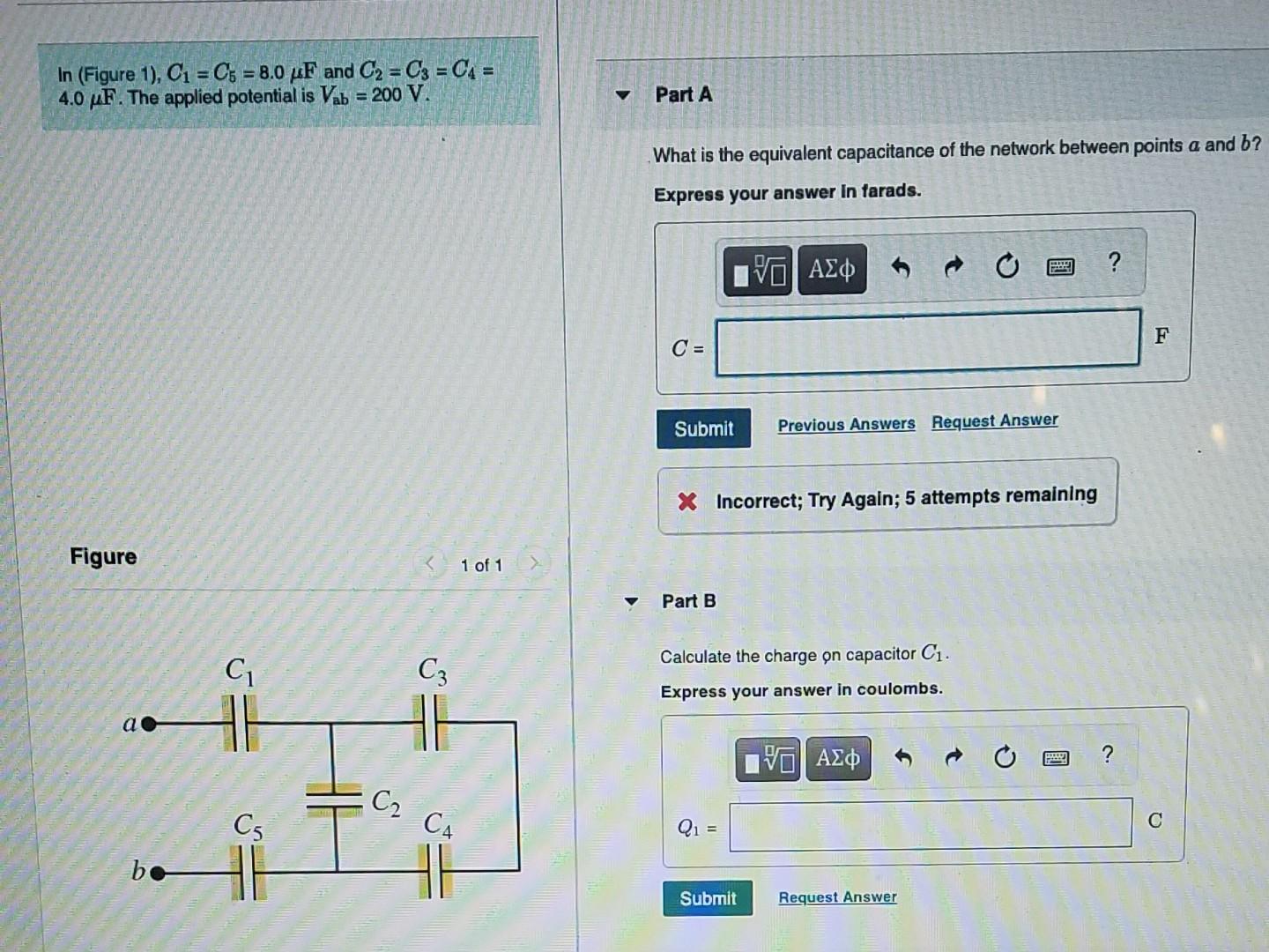 Solved In (Figure 1), C1 =C5 = 8.0 pF and C2 =C3 = C4 = 4.0 | Chegg.com