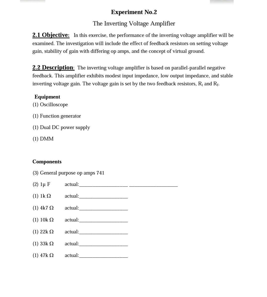 Experiment No.2 The Inverting Voltage Amplifier 2.1 | Chegg.com