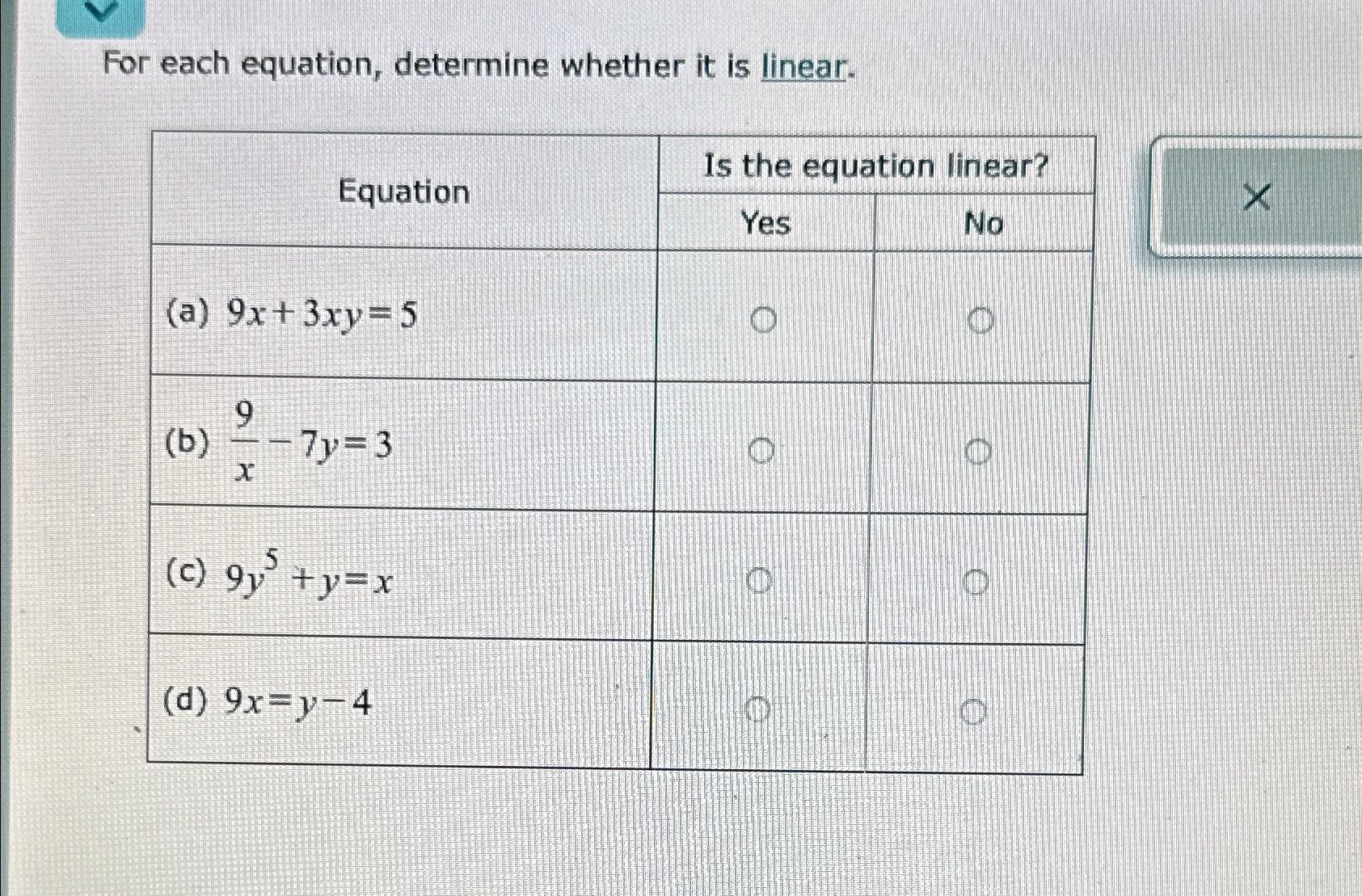 Solved For each equation, determine whether it is | Chegg.com