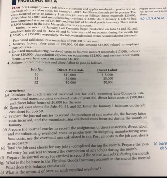 Solved P2-1A Lott Company uses a job order cost system and | Chegg.com
