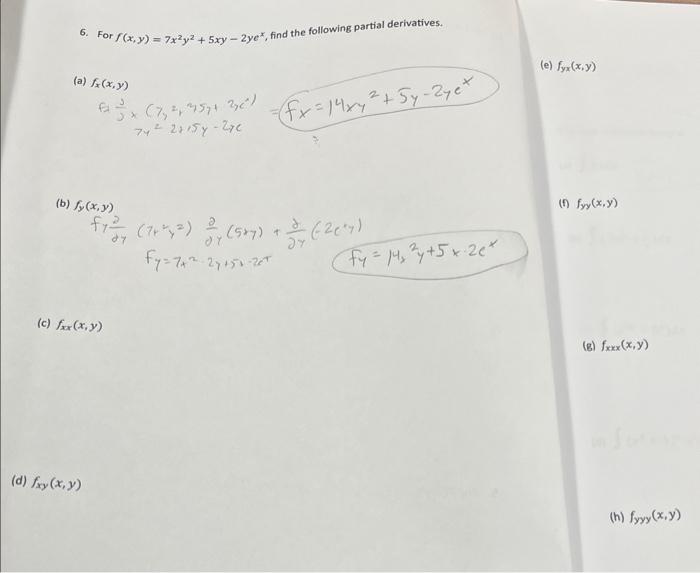 Solved 6. For f(x,y)=7x2y2+5xy−2yex, find the following | Chegg.com