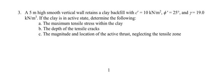Solved 3. A 5 m high smooth vertical wall retains a clay | Chegg.com