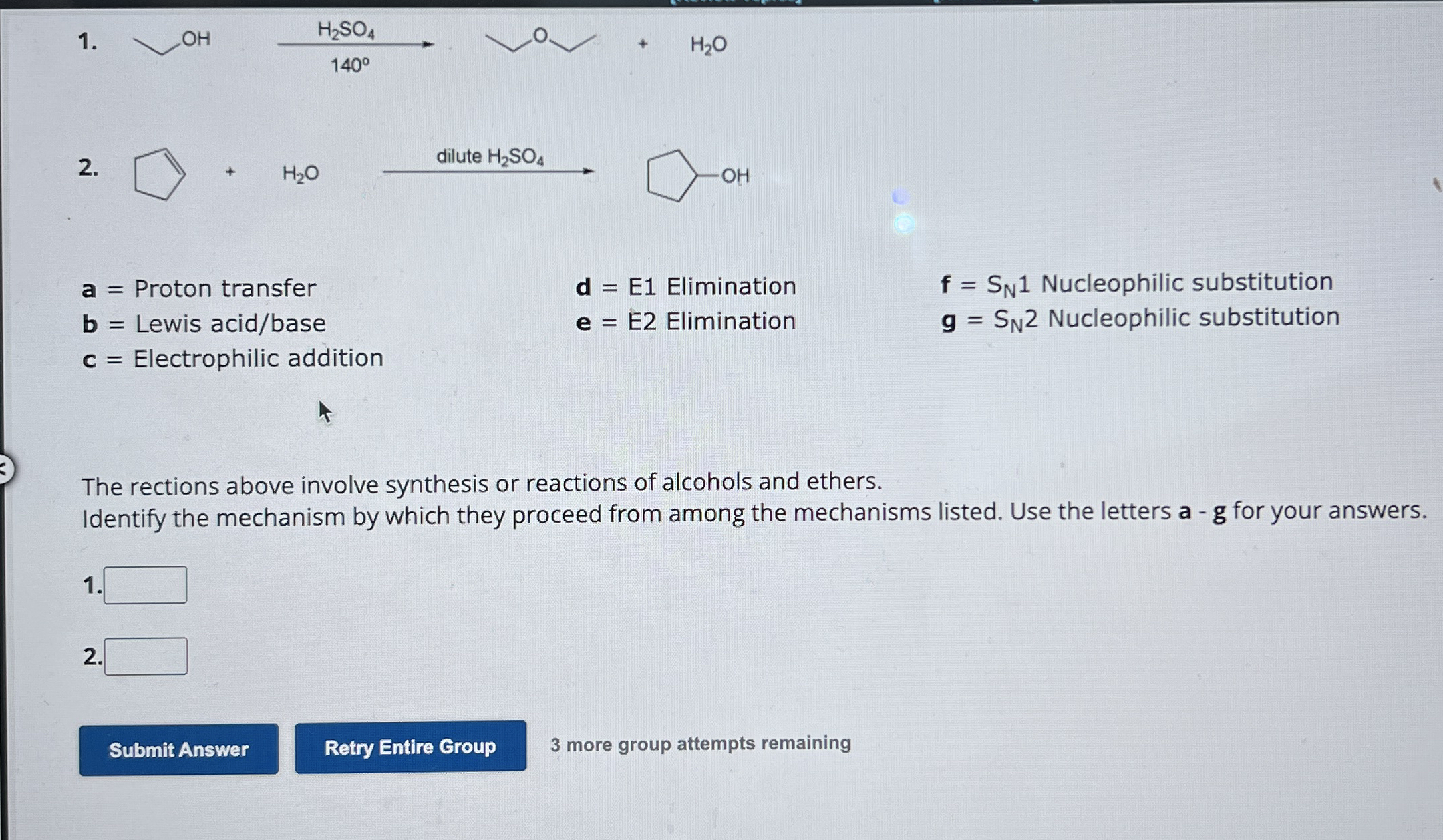 Solved a= ﻿Proton transferd = ﻿E1 ﻿Eliminationf=SN1 | Chegg.com