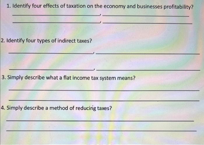 Solved 1. Identify four effects of taxation on the economy | Chegg.com
