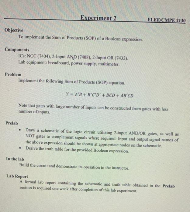 Solved Experiment 2 ELEE/CMPE 2130 Objective To implement | Chegg.com