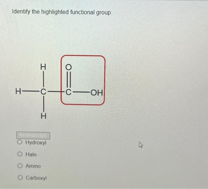 Solved Identify the highlighted functional group. H H-C H | Chegg.com