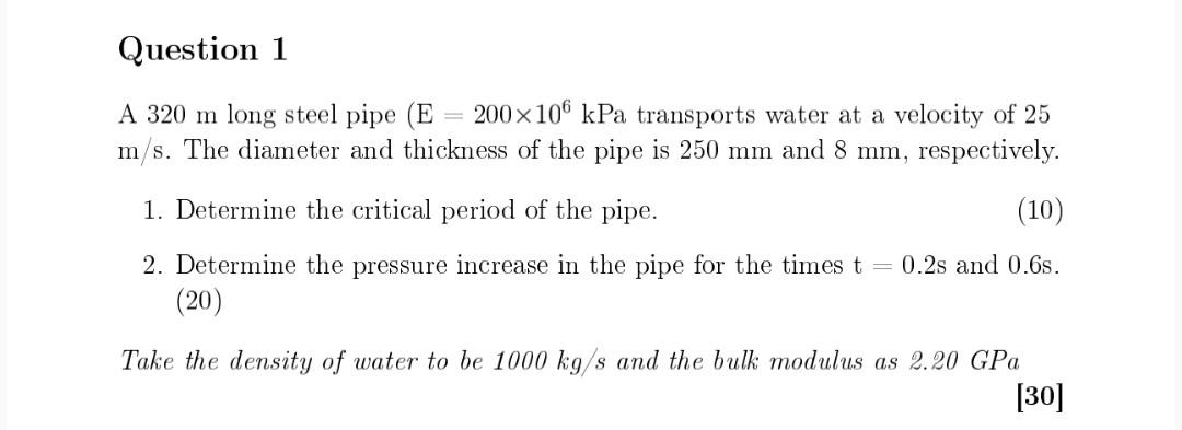 Solved A 320 m long steel pipe (E=200×106kPa transports | Chegg.com