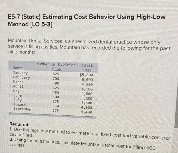 Solved E5-7 (Static) Estimating Cost Behavior Using High-Low | Chegg.com