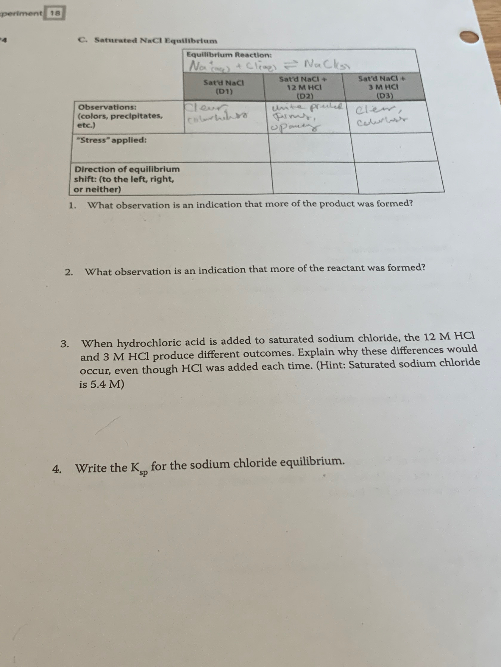 Solved periment18C. ﻿Saturated NaCI | Chegg.com