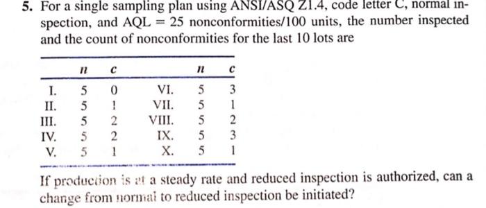 Solved 5. For a single sampling plan using ANSI/ASQ Z1.4, | Chegg.com