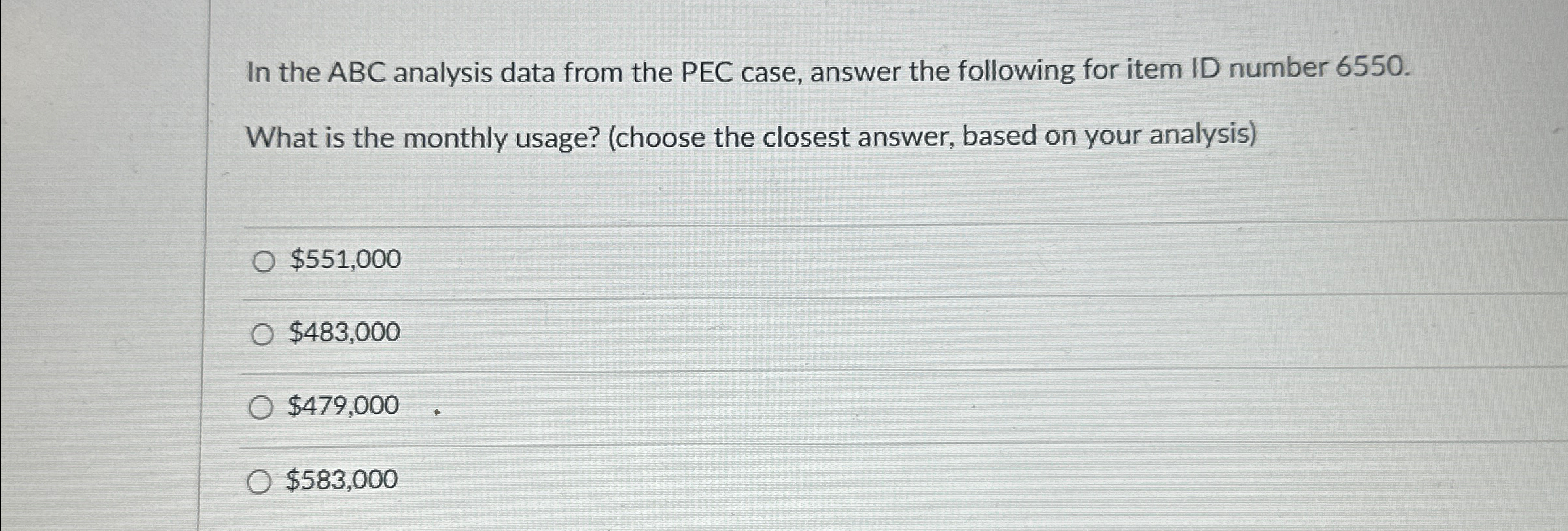 Solved In the ABC analysis data from the PEC case, answer | Chegg.com