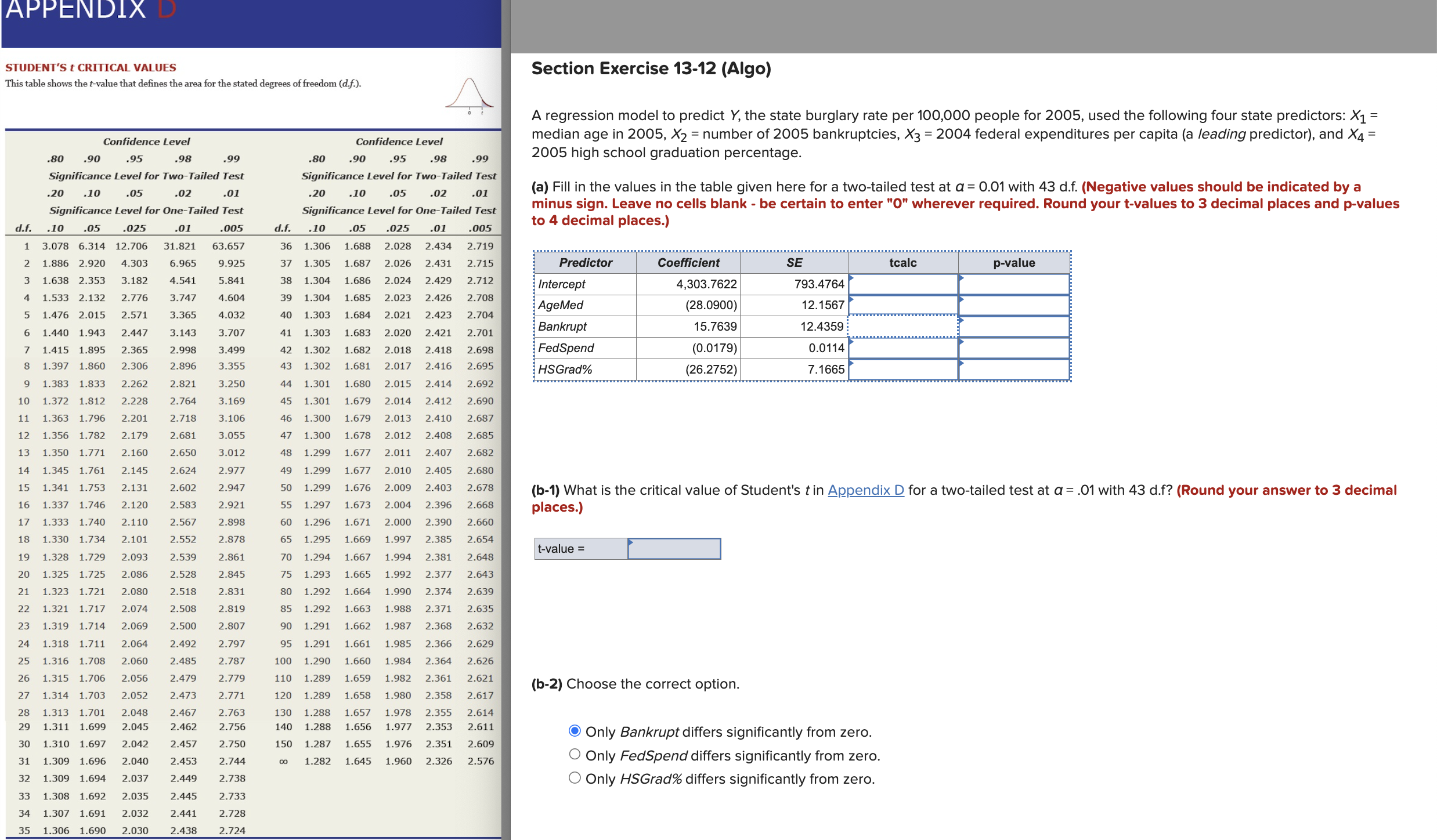 Solved Section Exercise 13-12 (Algo)A regression model to | Chegg.com