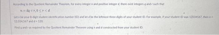 Solved According to the Quotient Remainder Theorem, for | Chegg.com