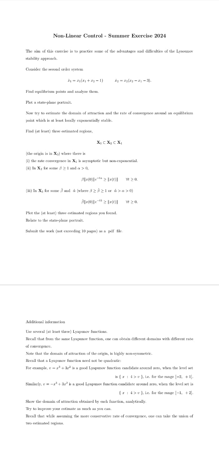 Solved Non-Linear Control - ﻿Summer Exercise 2024The aim of | Chegg.com