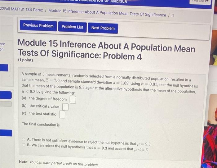 Solved Module 15 Inference About A Population Mean Tests Of | Chegg.com