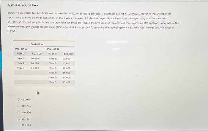 Solved 7. Unequal project lives Extensive Enterpiise Inc. | Chegg.com