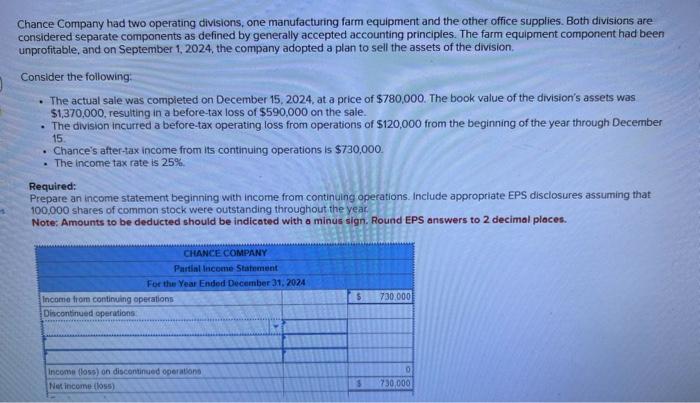 Solved Chance Company had two operating divisions, one | Chegg.com