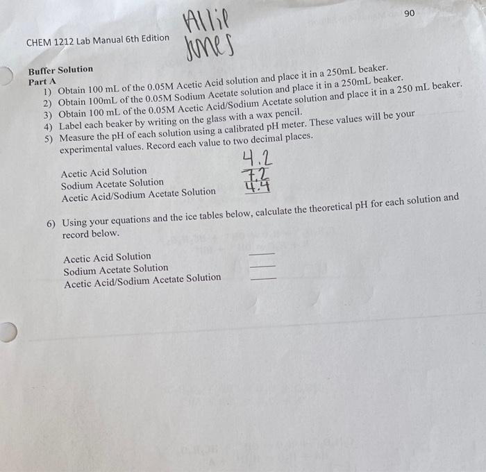 Solved Buffer Solution PartA 1) Obtain 100 mL of the 0.05M | Chegg.com