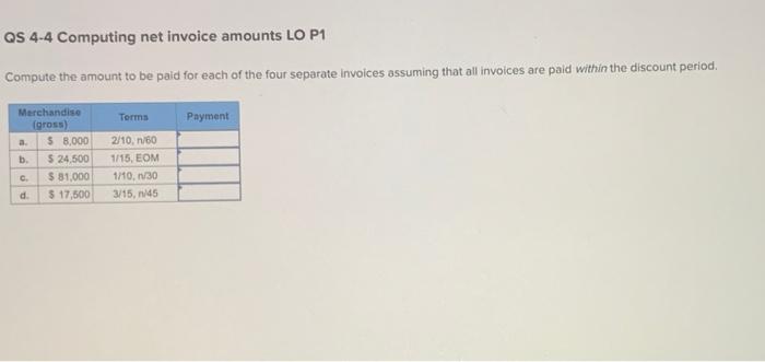 Solved QS 4.4 Computing net invoice amounts LO P1 Compute | Chegg.com