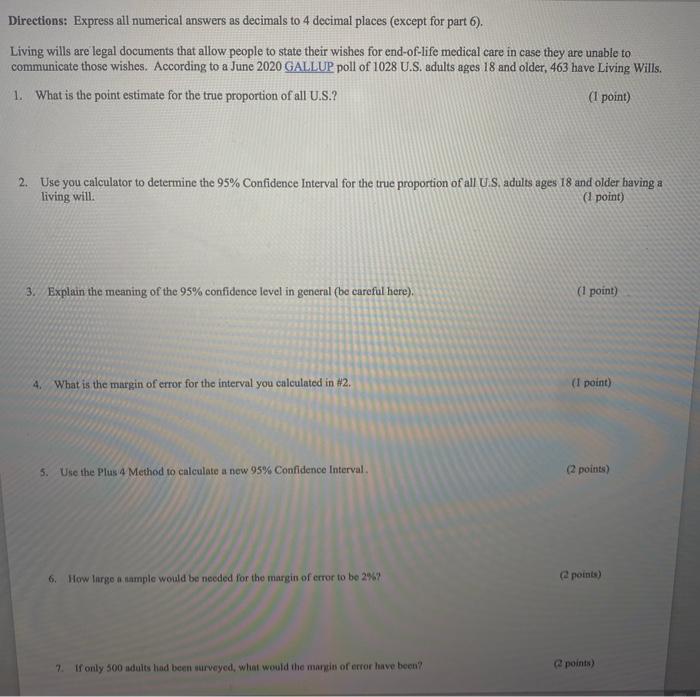 Solved Directions: Express all numerical answers as decimals | Chegg.com
