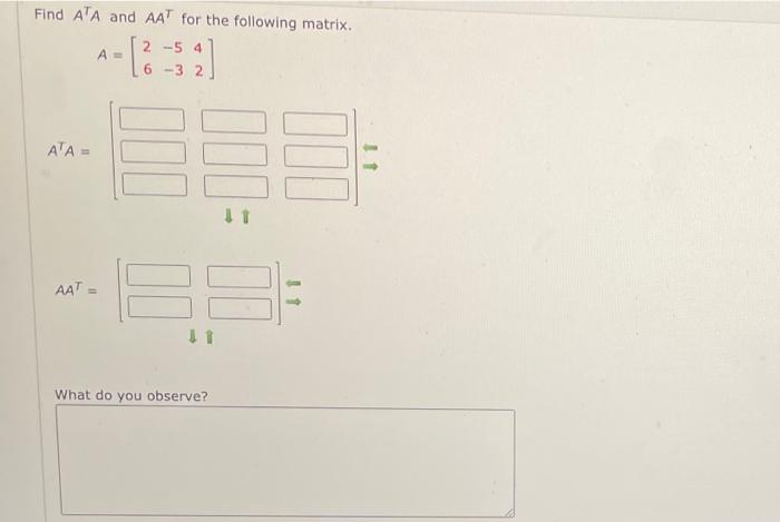 Solved Find ATA and AAT for the following matrix. 2-5 4 A = | Chegg.com
