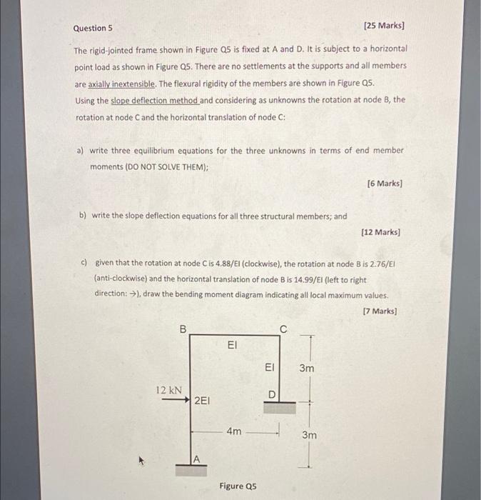 Solved Question 5 [25 Marks) The rigid-jointed frame shown | Chegg.com