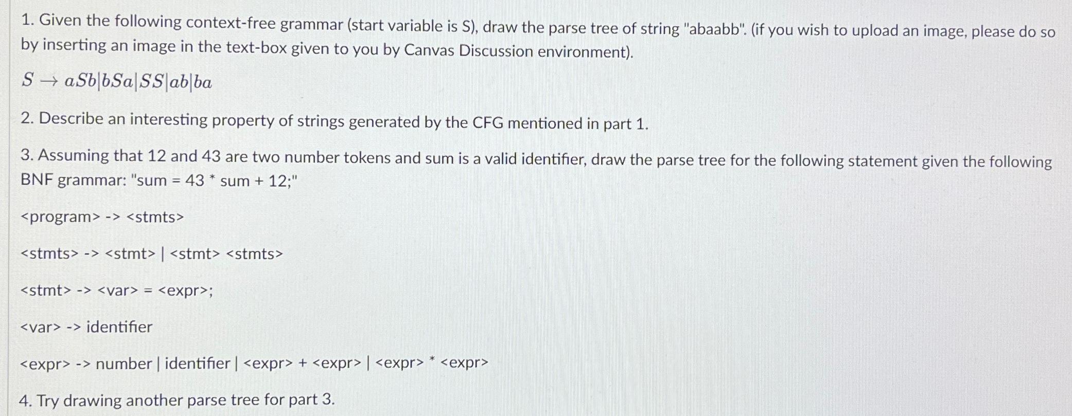 Solved Given The Following Context Free Grammar Start
