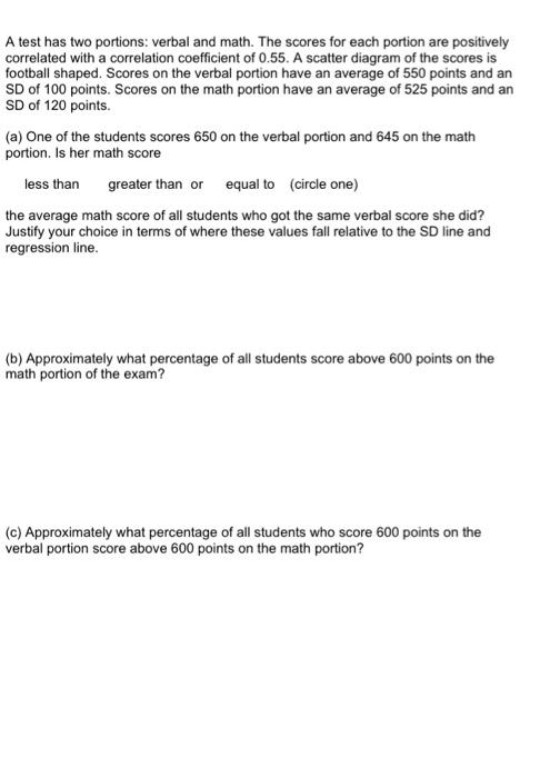Solved A test has two portions: verbal and math. The scores | Chegg.com