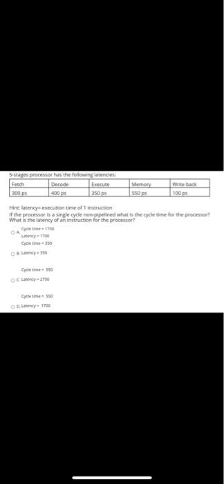 Solved 5-stages processor has the following latencies Fetch | Chegg.com