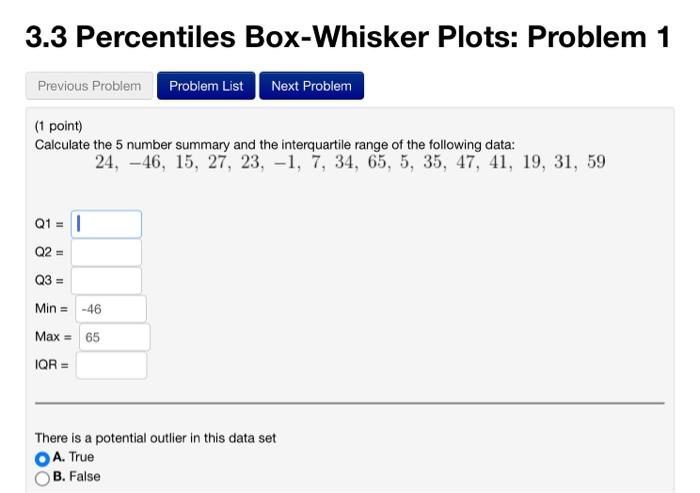 Solved 3.3 Percentiles Box-Whisker Plots: Problem 1 (1 | Chegg.com