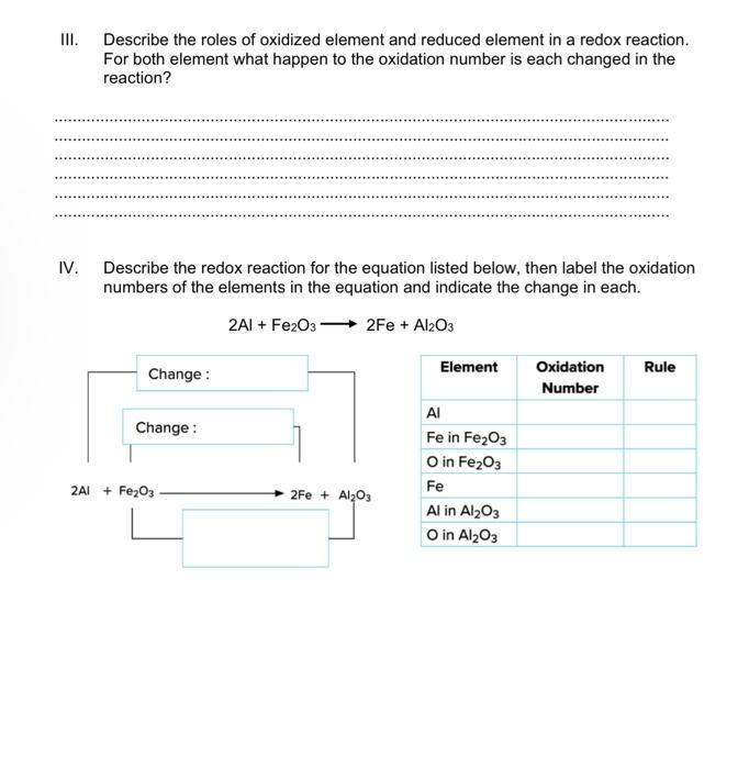 Solved III. Describe the roles of oxidized element and | Chegg.com