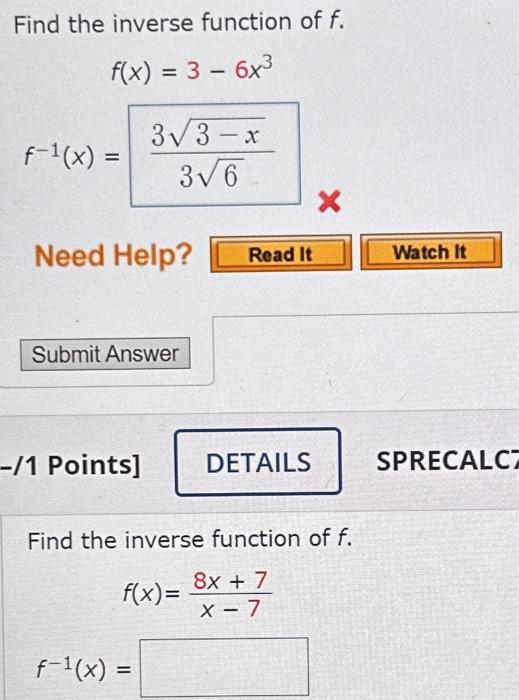 Solved Find the inverse function of f. | Chegg.com