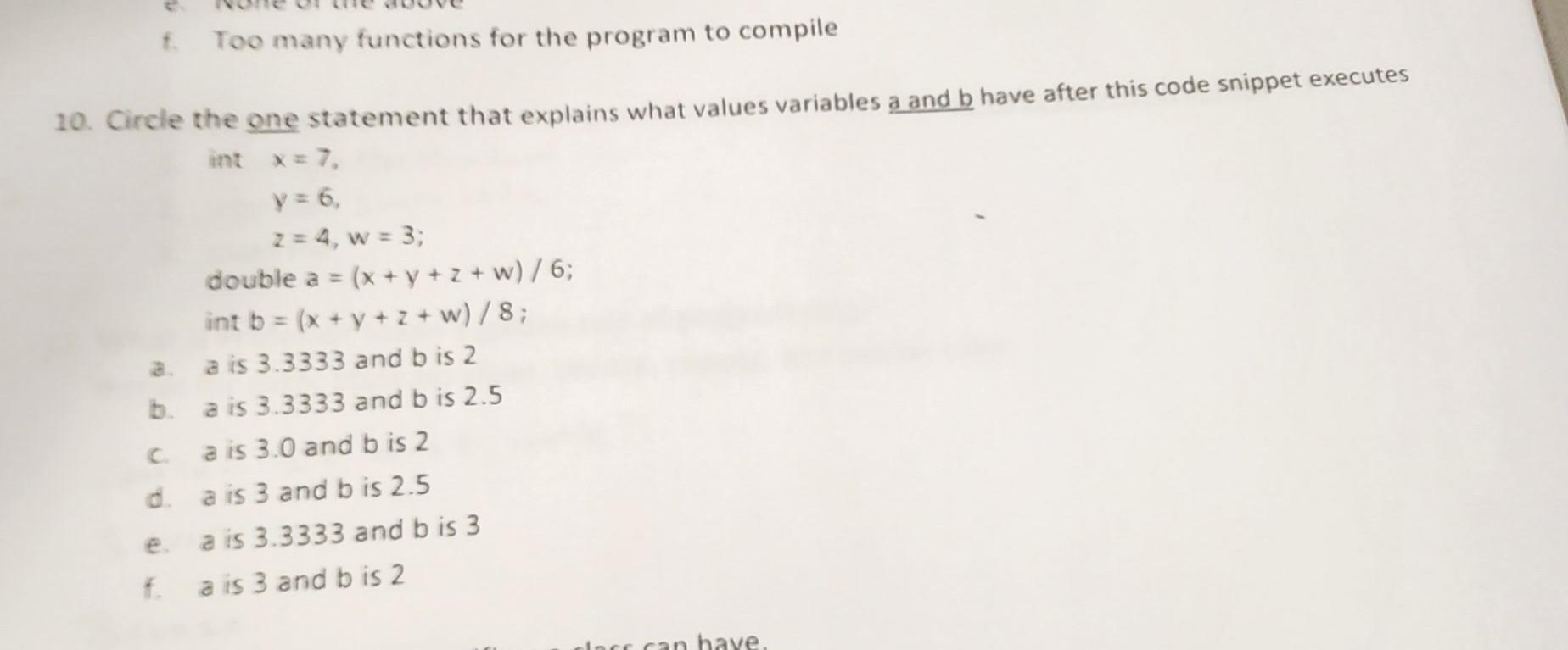 Solved f. Too many functions for the program to compile 10. | Chegg.com Solved f. Too many functions for the program to compile 10. | Chegg.com