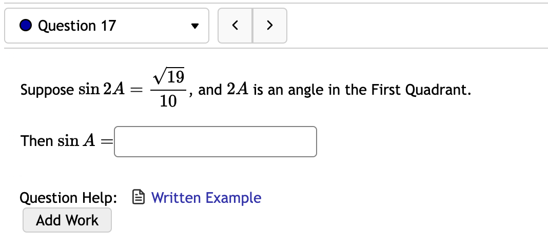 Solved Suppose sin2A=19210, ﻿and 2A ﻿is an angle in the | Chegg.com