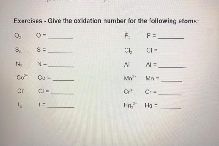 Solved Exercises - Give the oxidation number for the | Chegg.com