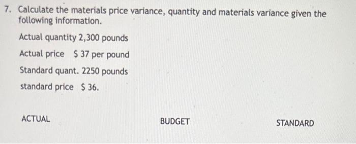 Solved calculate the materials price variance, quantity and | Chegg.com