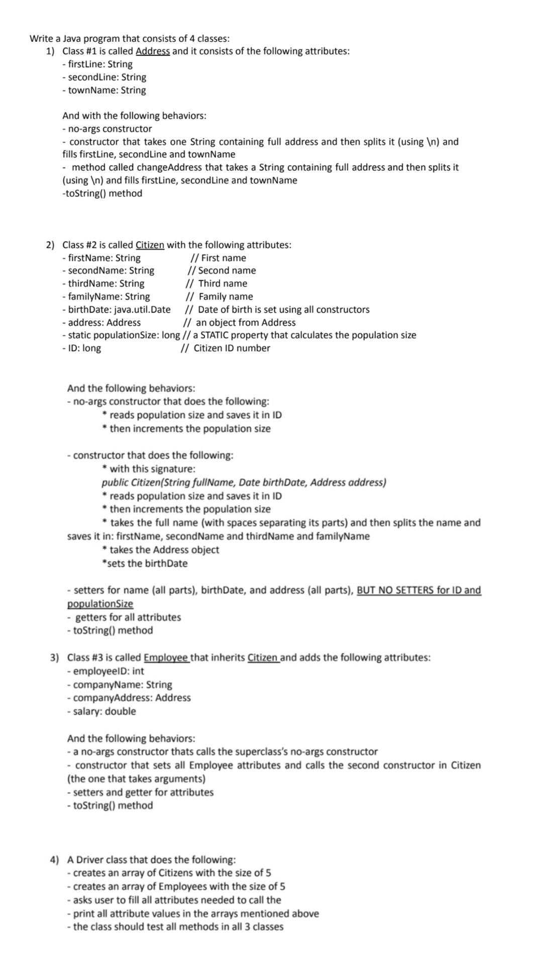 Solved Write a Java program that consists of 4 classes: 1) | Chegg.com