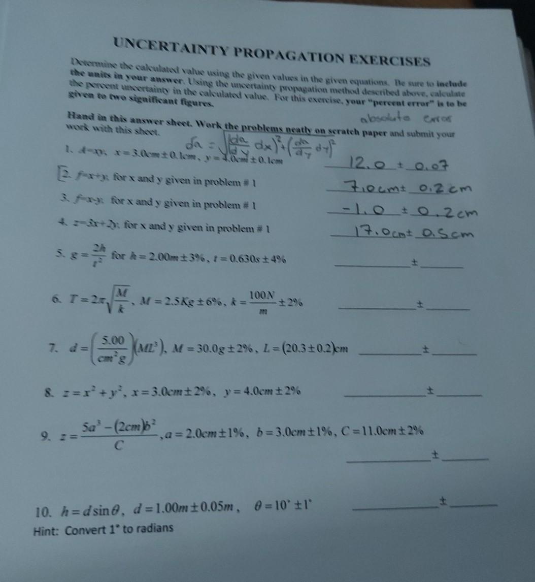 Solved UNCERTAINTY PROPAGATION EXERCISES Determine the | Chegg.com
