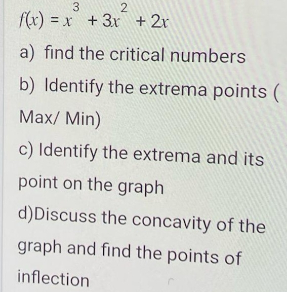 Solved f(x)=x3+3x2+2xa) ﻿find the critical numbersb) | Chegg.com