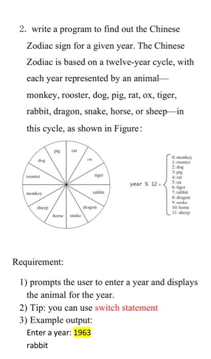 Solved 2. write a program to find out the Chinese Zodiac | Chegg.com