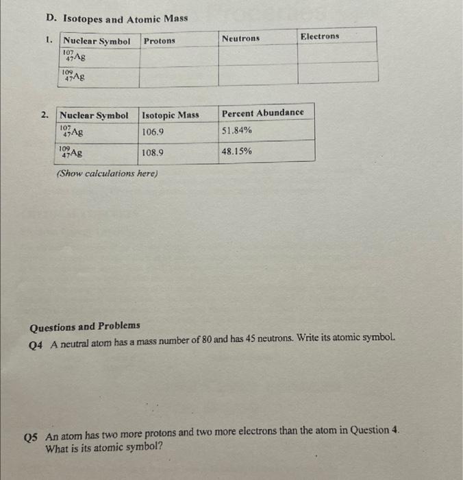 Solved D. Isotopes and Atomic Mass 1. 2 (Show calculations | Chegg.com