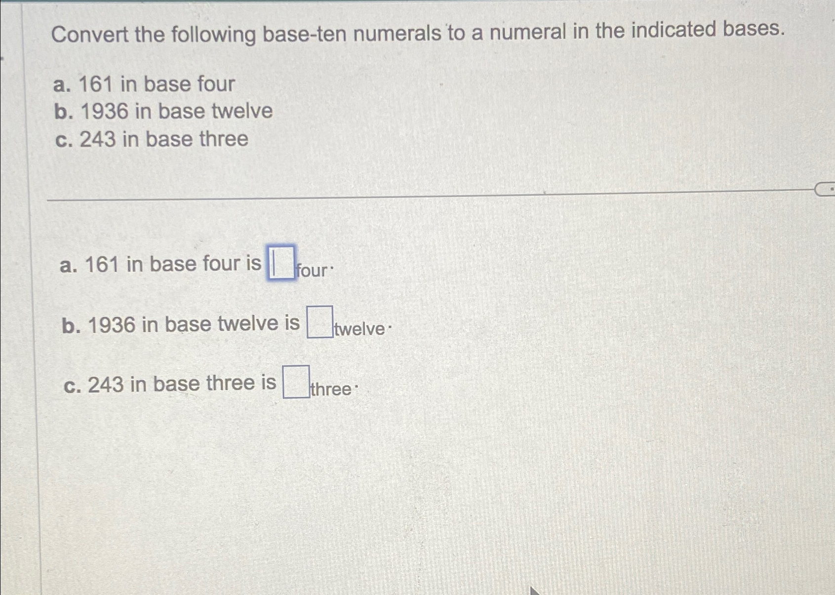 Solved Convert the following base-ten numerals to a numeral | Chegg.com