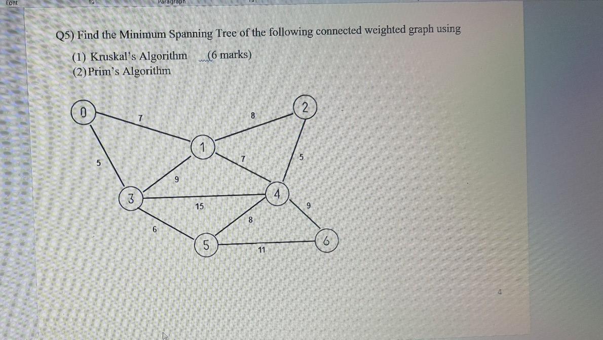 Solved Font Paragraph Q5) Find the Minimum Spanning Tree of | Chegg.com