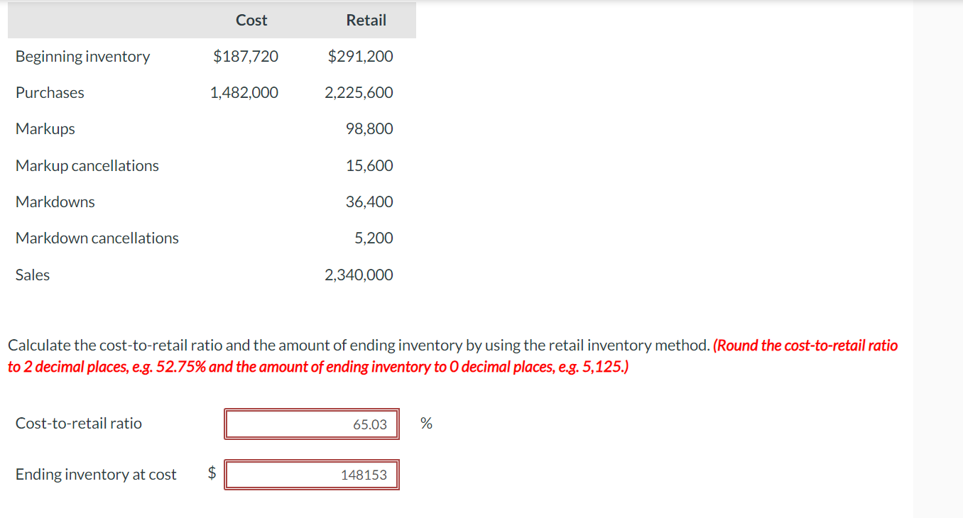 Solved Calculate the cost-to-retail ratio and the amount of | Chegg.com